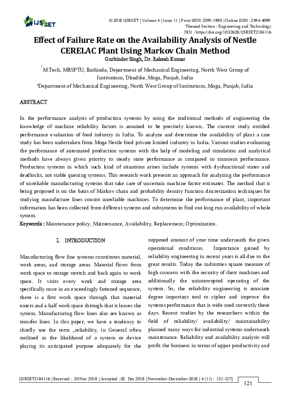 (PDF) Effect of Failure Rate on the Availability Analysis of Nestle CERELAC Plant Using Markov ...