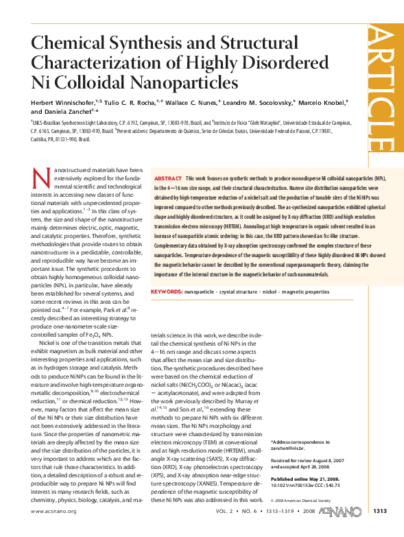 (PDF) Chemical Synthesis and Structural Characterization of Highly Disordered Ni Colloidal ...