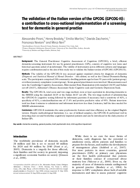 (PDF) The validation of the Italian version of the GPCOG (GPCOG-It): a ...