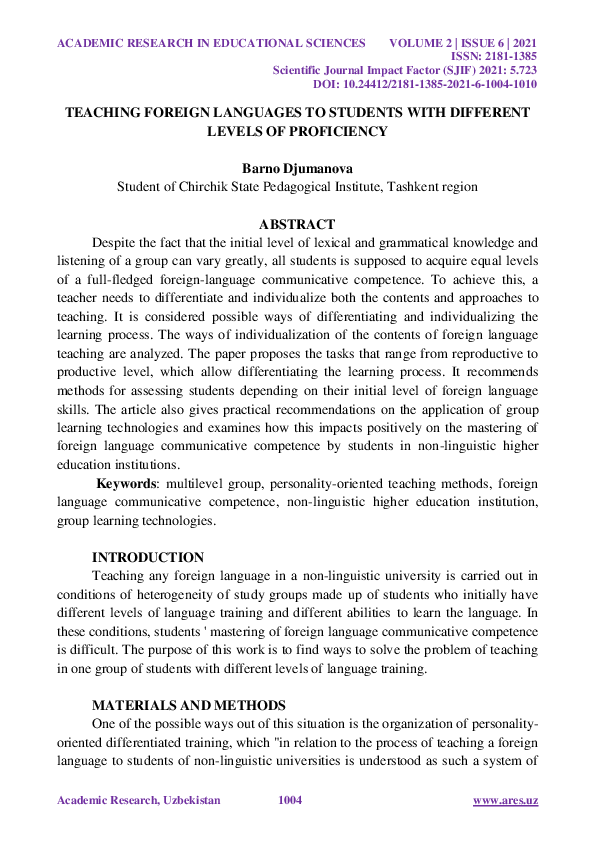 (PDF) Teaching Foreign Languages to Students with Different Levels of ...