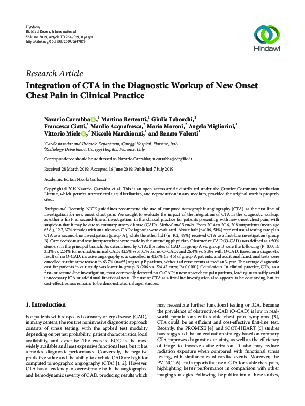 (PDF) Integration of CTA in the Diagnostic Workup of New Onset Chest ...