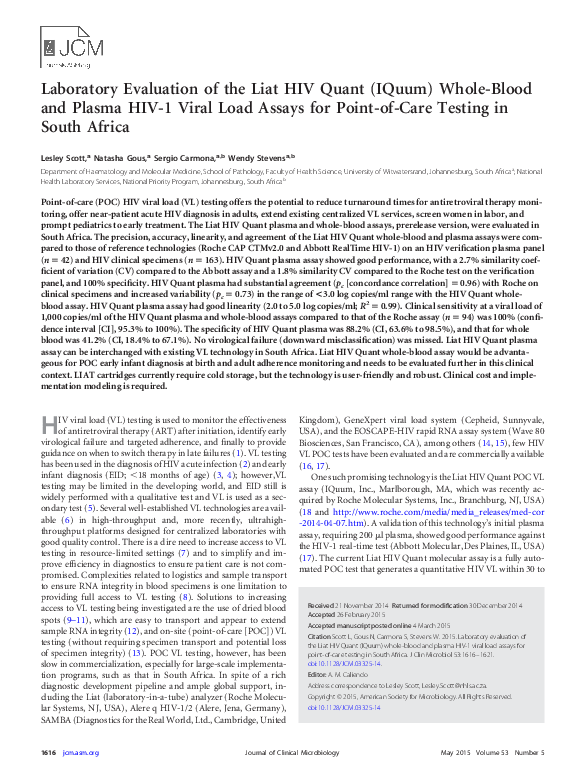 (PDF) Laboratory evaluation of the Liat™ HIV Quant (IQuum) whole blood ...
