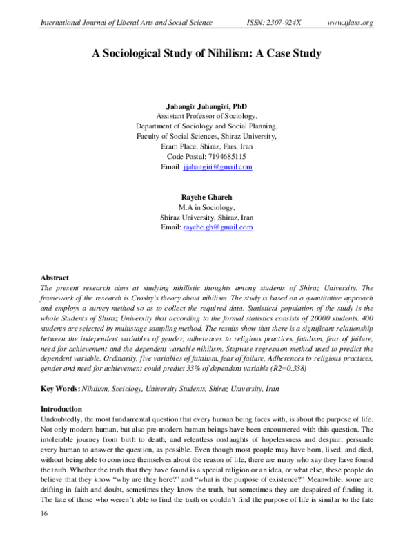 (PDF) A Sociological Study of Nihilism : A Case Study