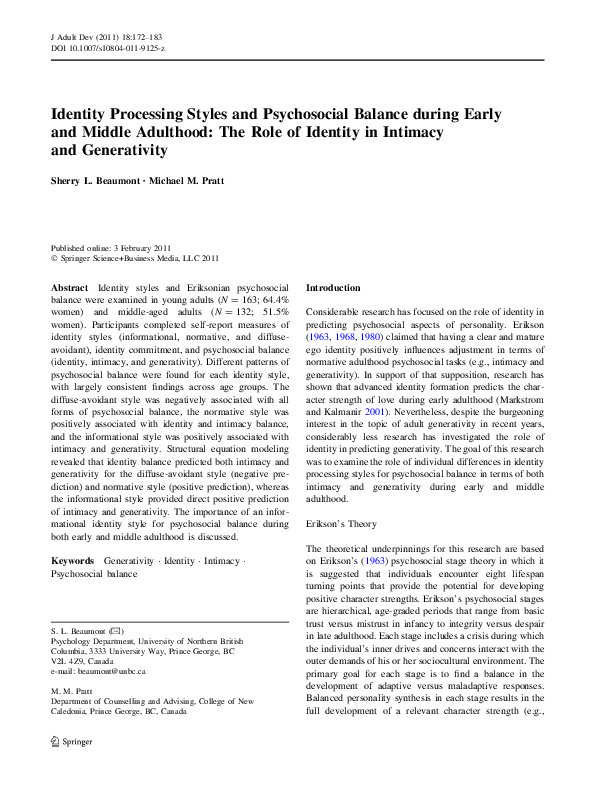(PDF) Identity Processing Styles and Psychosocial Balance during Early ...