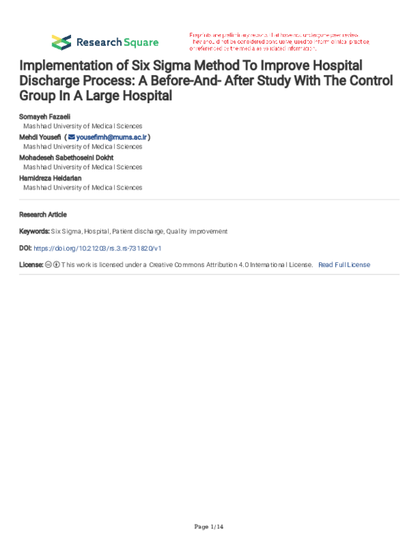 (PDF) Implementation of Six Sigma Method To Improve Hospital Discharge Process: A Before-And ...
