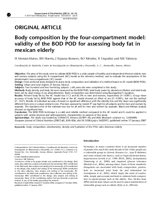 (PDF) Body composition by the four-compartment model: validity of the ...
