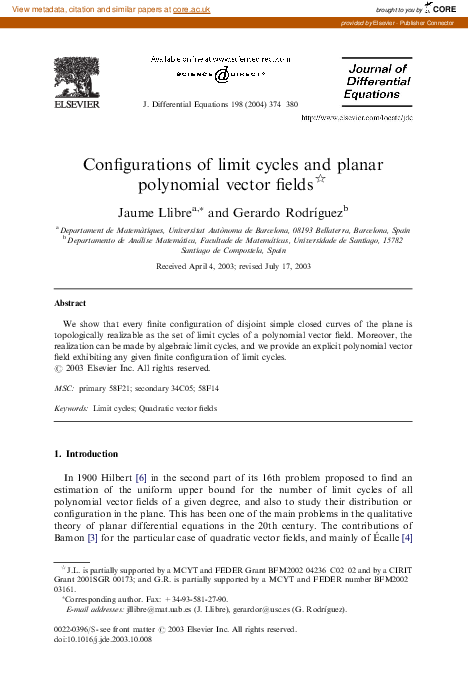 (PDF) Configurations of limit cycles and planar polynomial vector fields