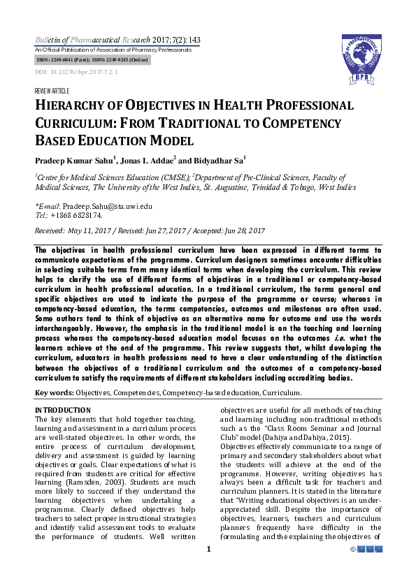 (PDF) Hierarchy of Objectives in Health Professional Curriculum: From ...