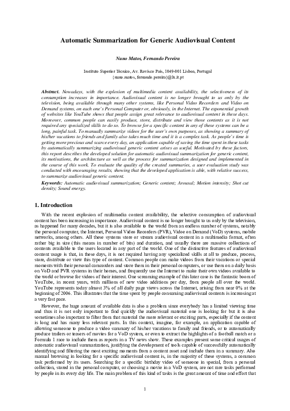 (PDF) Automatic Summarization for Generic Audiovisual Content