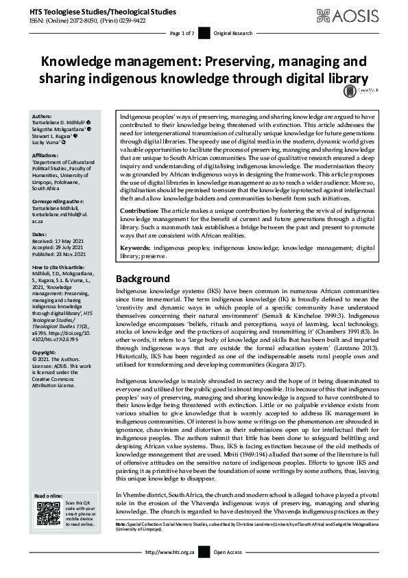 (PDF) Knowledge management: Preserving, managing and sharing indigenous ...