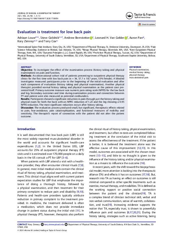 Evaluation is treatment for low back pain