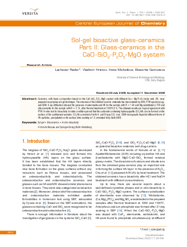 (PDF) Sol-gel bioactive glass-ceramics Part II: Glass-ceramics in the CaO-SiO2-P2O5-MgO system