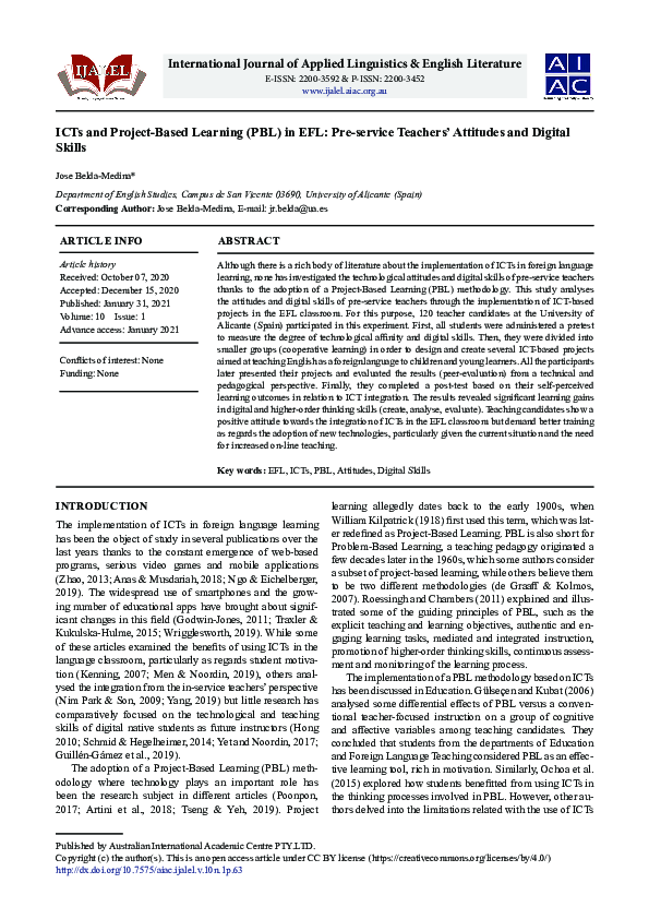 (PDF) ICTs and Project-Based Learning (PBL) in EFL: Pre-service Teachers’ Attitudes and Digital ...
