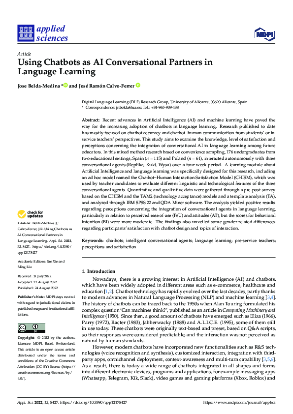 (PDF) Using Chatbots as AI Conversational Partners in Language Learning