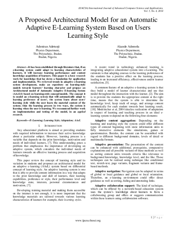(PDF) A Proposed Architectural Model for an Automatic Adaptive E-Learning System Based on Users ...