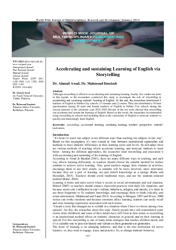 (PDF) Accelerating and sustaining Learning of English via Storytelling