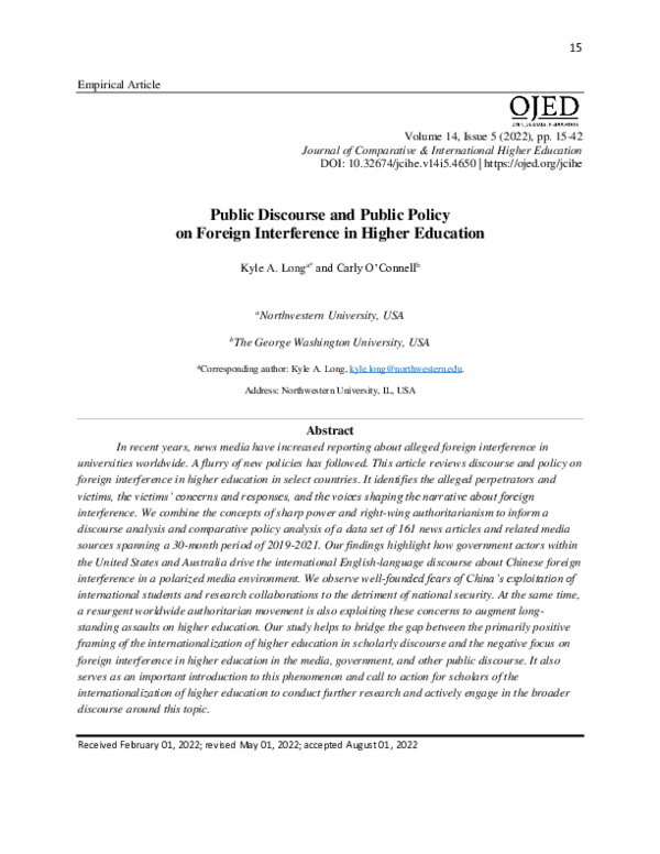 (PDF) Public Discourse and Public Policy on Foreign Interference in ...