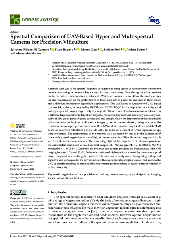 (PDF) Spectral Comparison of UAV-Based Hyper and Multispectral Cameras for Precision Viticulture