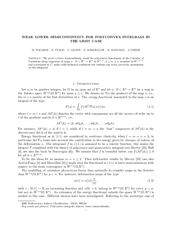 (PDF) Weak lower semicontinuity for polyconvex integrals in the limit case