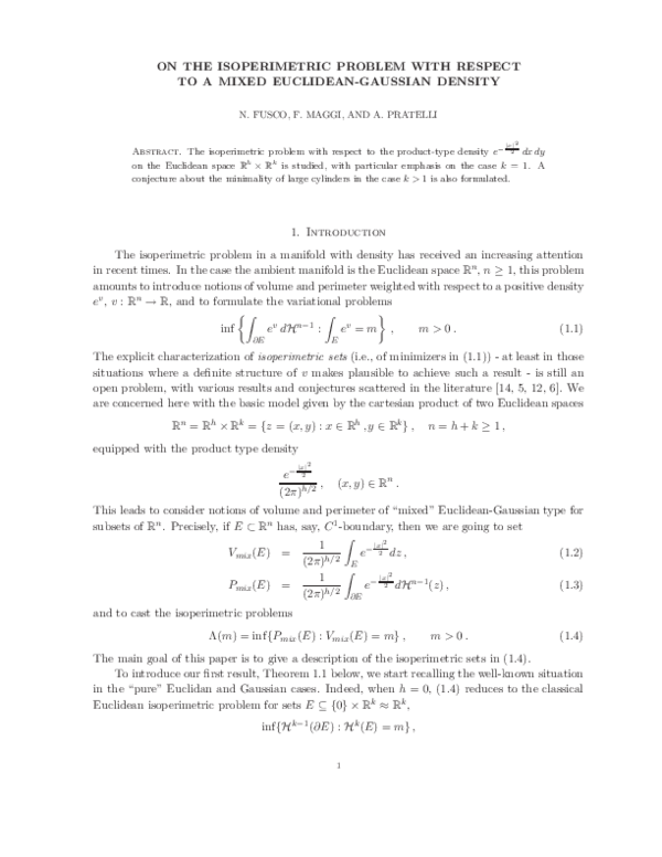 (PDF) On the isoperimetric problem with respect to a mixed Euclidean–Gaussian density