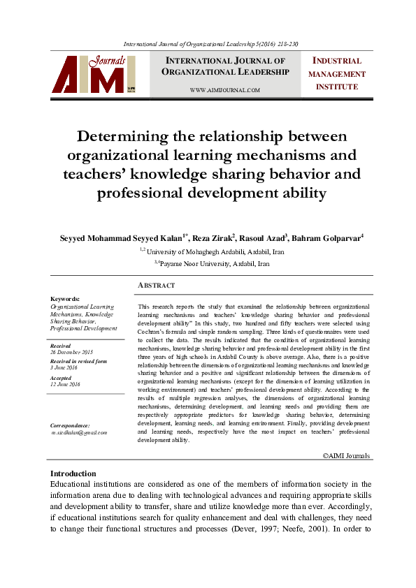 (PDF) Determining the relationship between organizational learning mechanisms and teachers ...