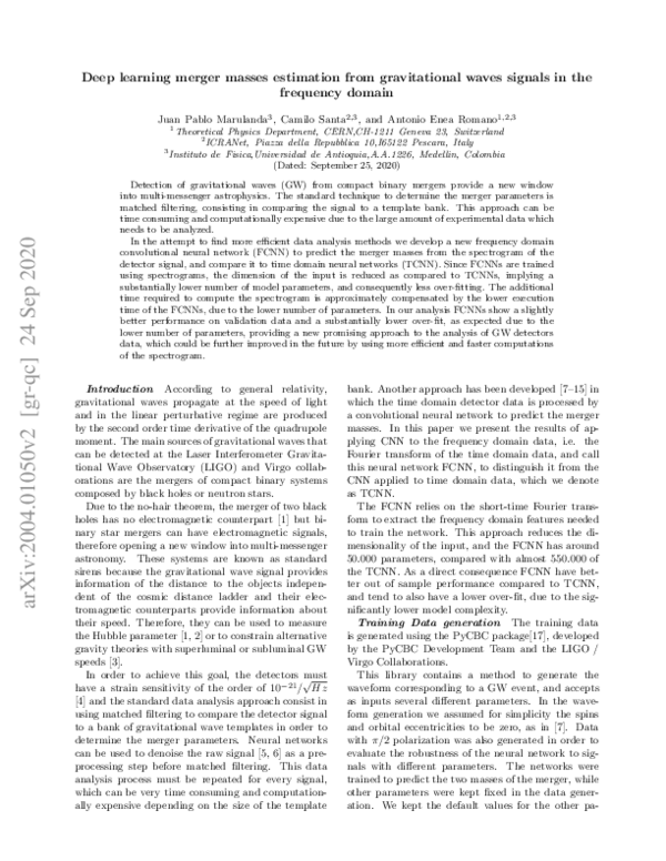 (PDF) Deep learning merger masses estimation from gravitational waves signals in the frequency ...