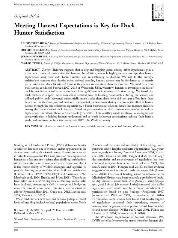 (PDF) Meeting harvest expectations is key for duck hunter satisfaction