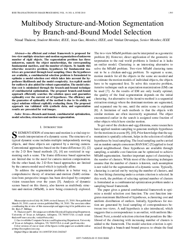 (PDF) Multibody Structure-and-Motion Segmentation by Branch-and-Bound Model Selection | Venkat ...