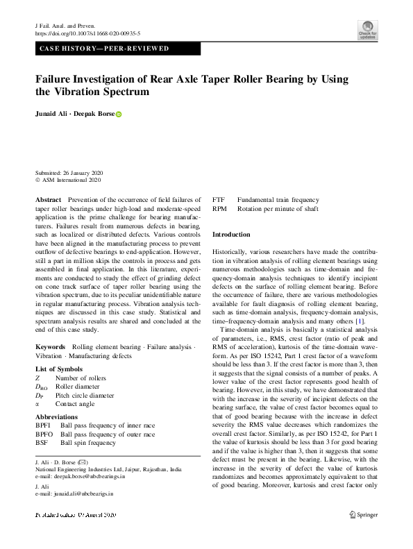 (PDF) Failure Investigation of Rear Axle Taper Roller Bearing by Using ...