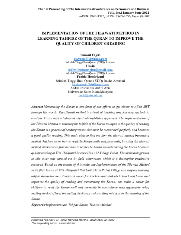 (PDF) Implementation of the Tilawati Method in Learning Tahfidz of the ...