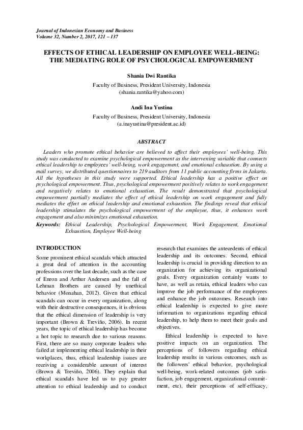 (PDF) Effects of Ethical Leadership on Employee Well-Being: The Mediating Role of Psychological ...