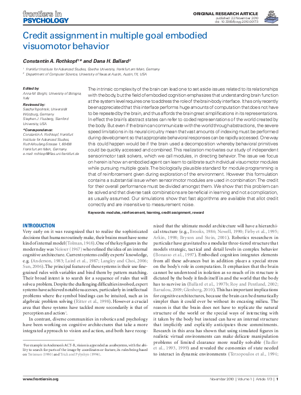 (PDF) Credit Assignment in Multiple Goal Embodied Visuomotor Behavior