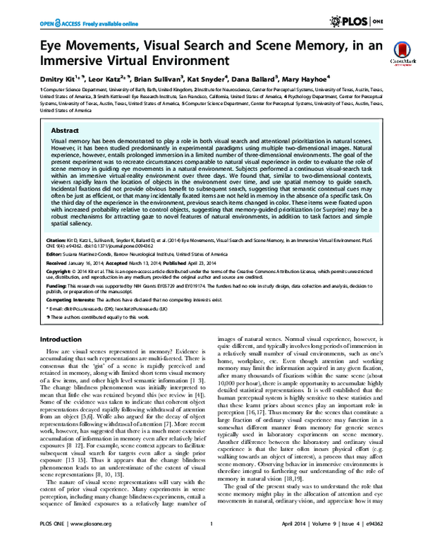 (PDF) Eye Movements, Visual Search and Scene Memory, in an Immersive Virtual Environment