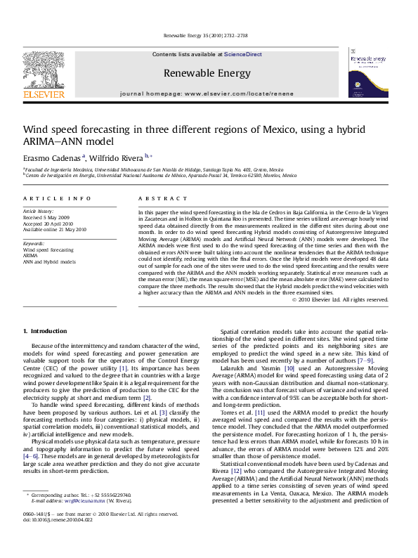 Pdf Wind Speed Forecasting In Three Different Regions Of Mexico Using A Hybrid Arima Ann Model
