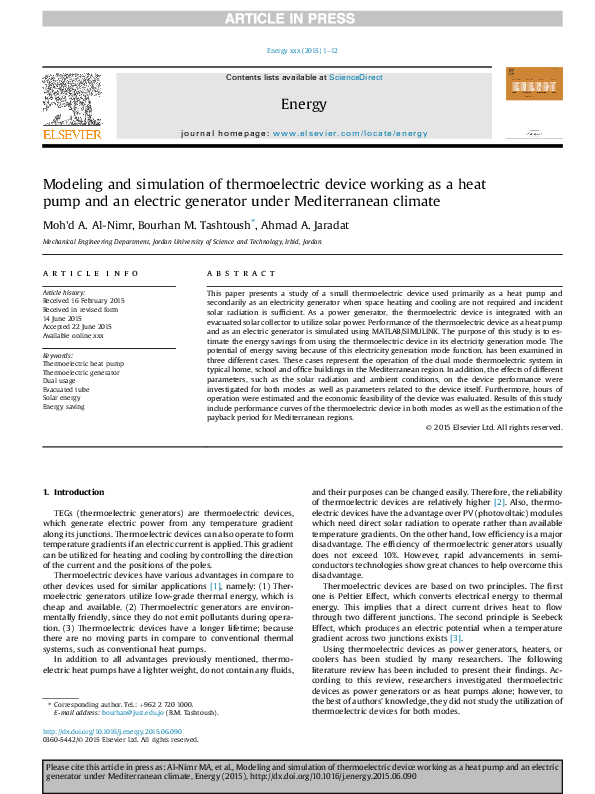 (PDF) Modeling and simulation of thermoelectric device working as a ...