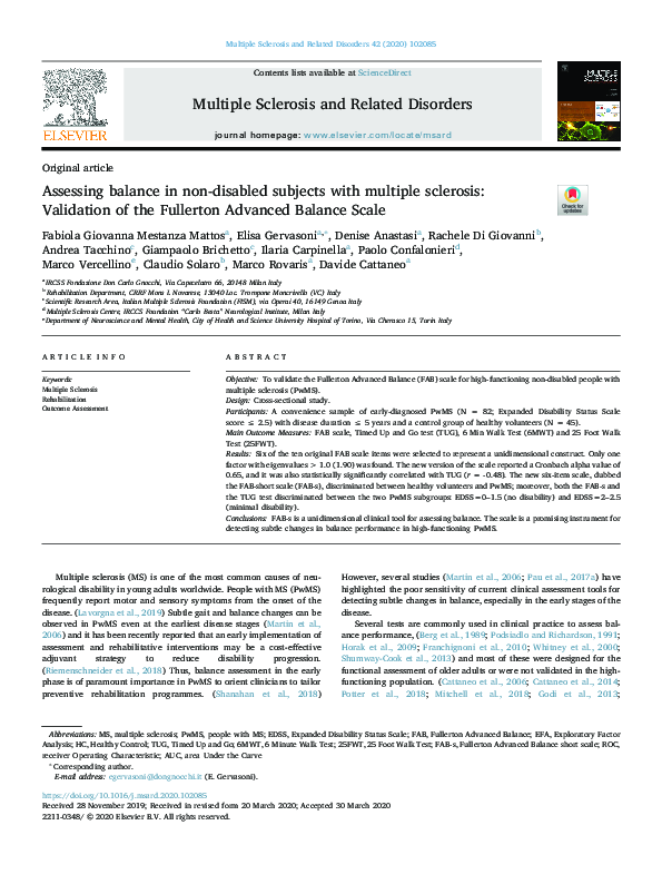 (PDF) Assessing balance in non-disabled subjects with multiple sclerosis: Validation of the ...