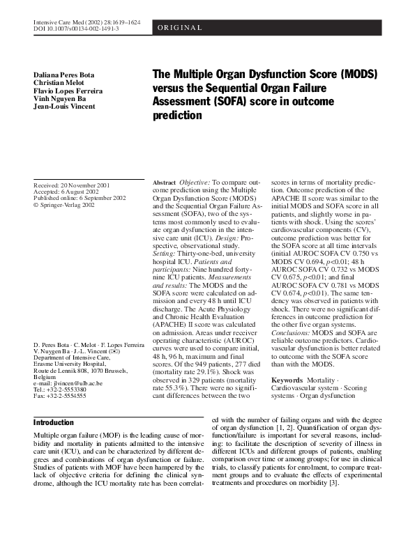 (PDF) The Multiple Organ Dysfunction Score (MODS) versus the Sequential Organ Failure Assessment ...