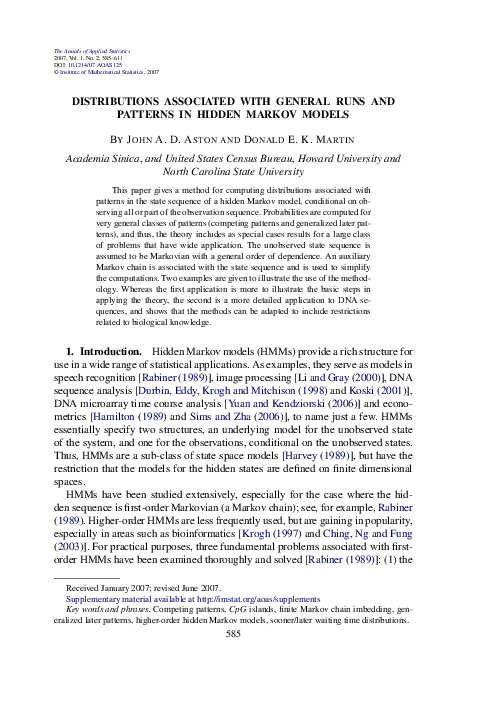 (PDF) Distributions associated with general runs and patterns in hidden Markov models