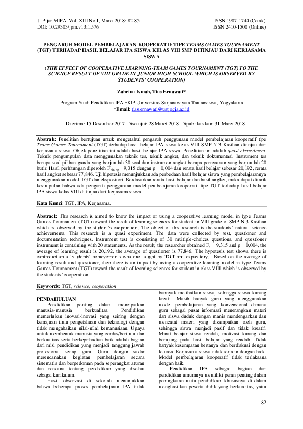 (PDF) Pengaruh Model Pembelajaran Kooperatif Tipe Teams Games Tournament (TGT) Terhadap Hasil ...