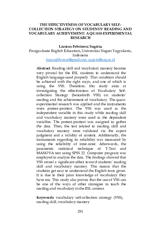 (PDF) The Effectiveness of Vocabulary Self-Collection Strategy On ...