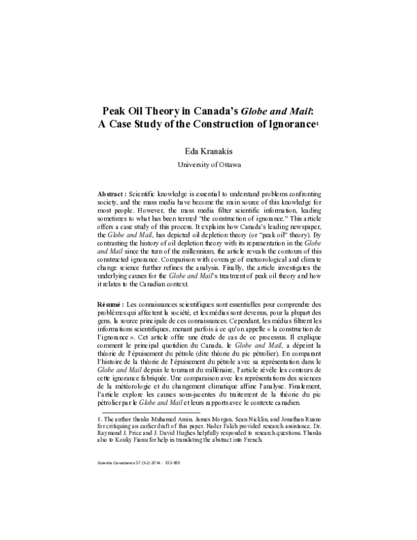 (PDF) Peak Oil Theory in Canada’s Globe and Mail: A Case Study of the ...