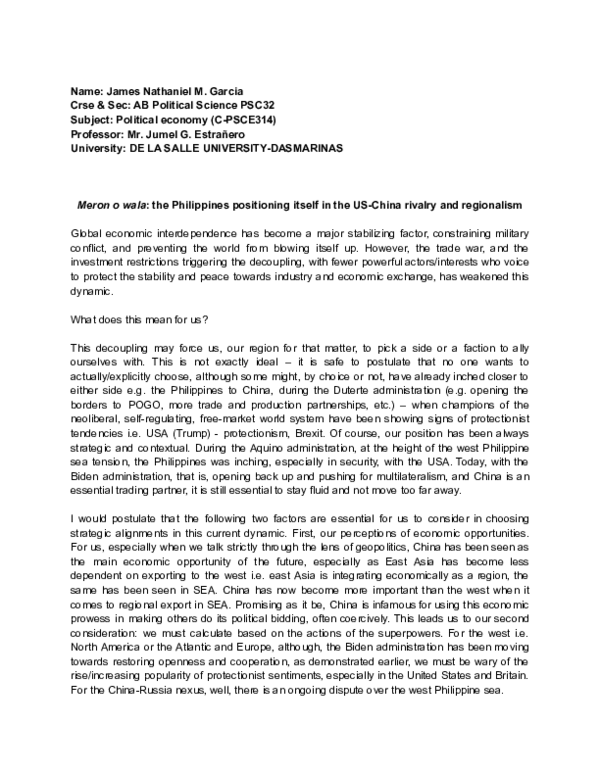 (PDF) Meron o wala: the Philippines positioning itself in the US-China ...
