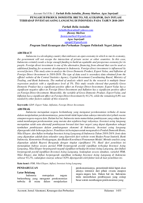 (PDF) Pengaruh Produk Domestik Bruto, Nilai Ekspor, Dan Inflasi Terhadap Investasi Asing ...