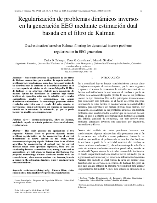 (PDF) Regularización de problemas dinámicos inversos en la generación EEG mediante estimación ...