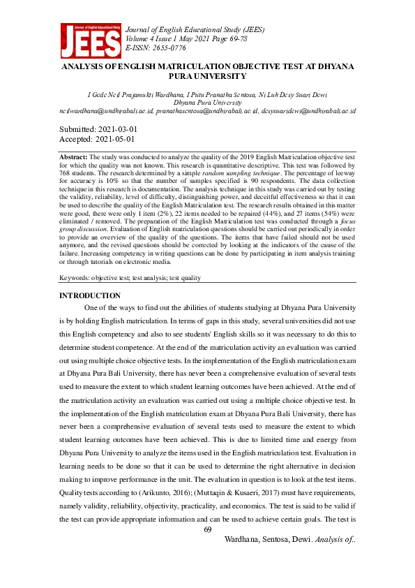 (PDF) Analysis of English Matriculation Objective Test at Dhyana Pura ...