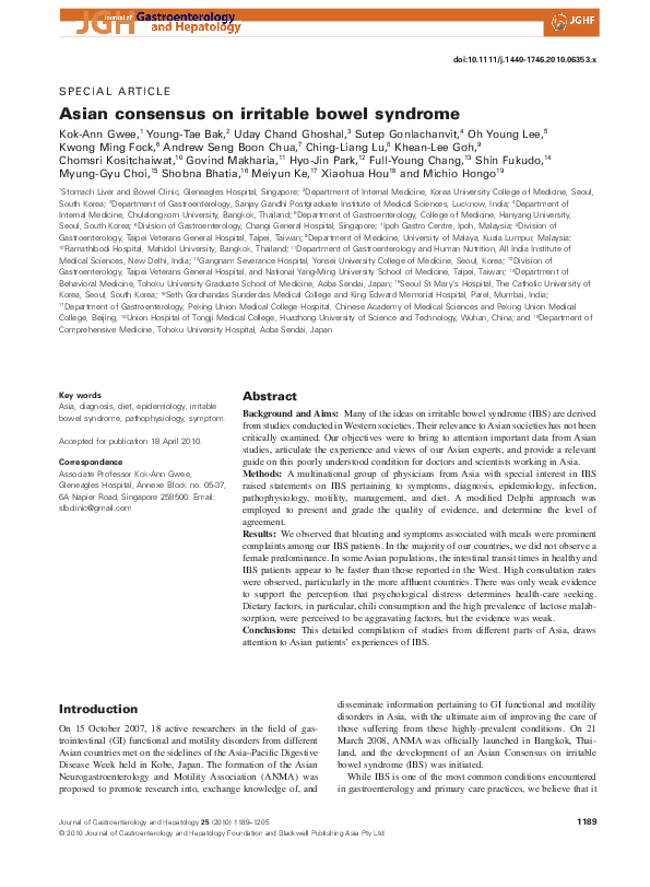 (PDF) Asian consensus on irritable bowel syndrome