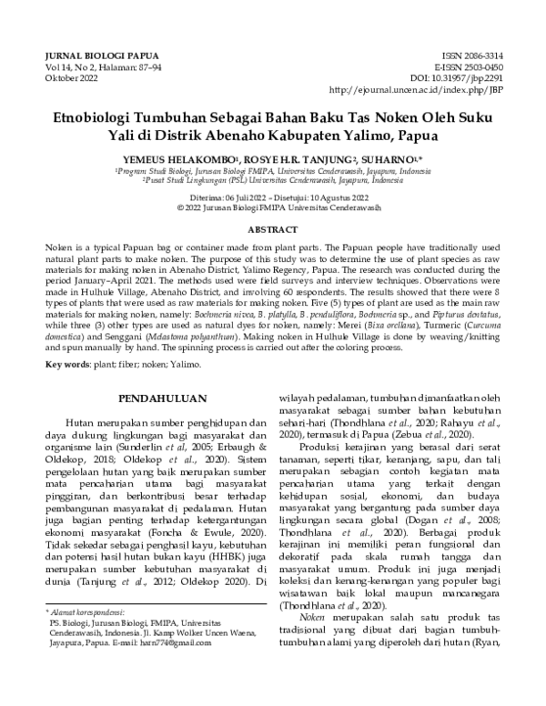 (PDF) Etnobiologi Tumbuhan Sebagai Bahan Baku Tas Noken Oleh Suku Yali ...