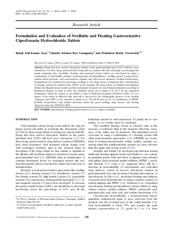 Pdf Formulation And Evaluation Of Swellable And Floating Gastroretentive Ciprofloxacin