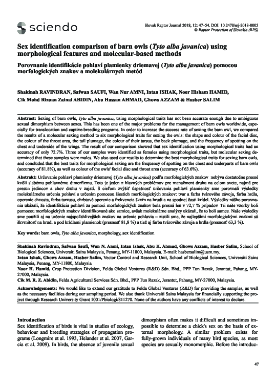Pdf Sex Identification Comparison Of Barn Owls Tyto Alba Javanica