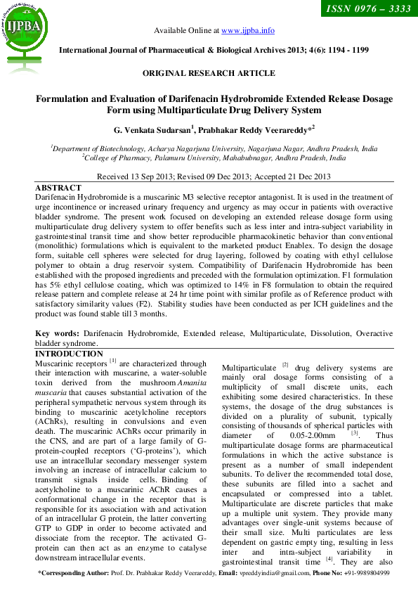 Pdf Corresponding Formulation And Evaluation Of Darifenacin Hydrobromide Extended Release